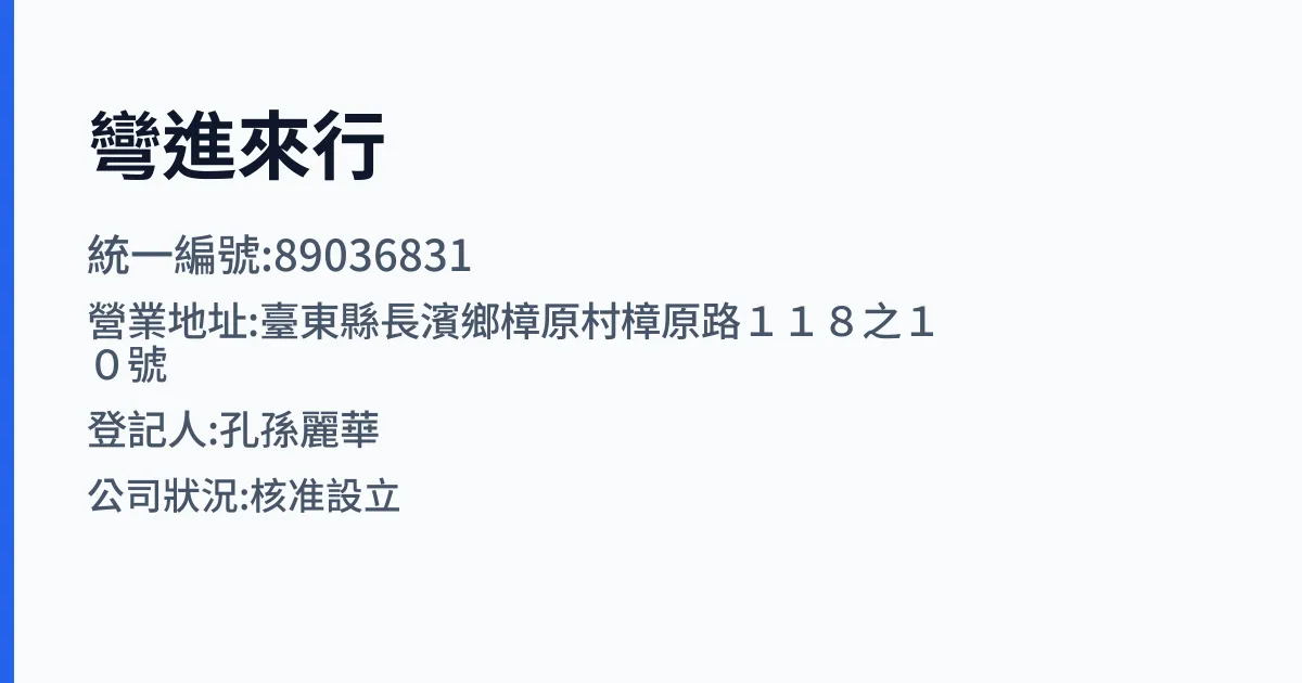 彎進來行 - 統編 89036831(臺東縣) 公司登記資料與營業項目詳細圖表