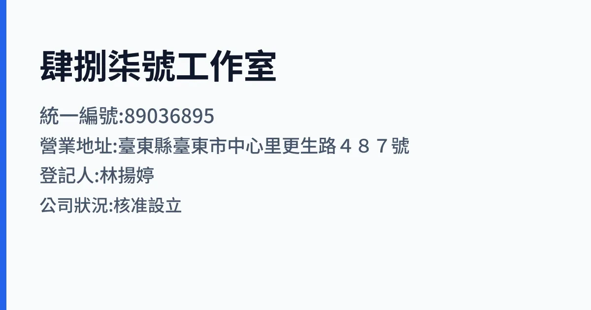 肆捌柒號工作室 - 統編 89036895(臺東縣) 公司登記資料與營業項目詳細圖表