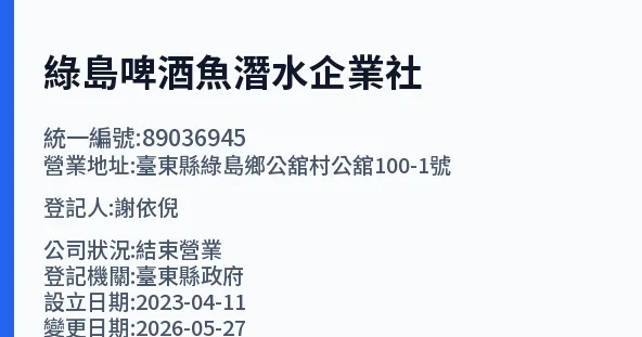 綠島啤酒魚潛水企業社的照片-統編 89036945(臺東縣) 公司登記資料與營業項目詳細圖表