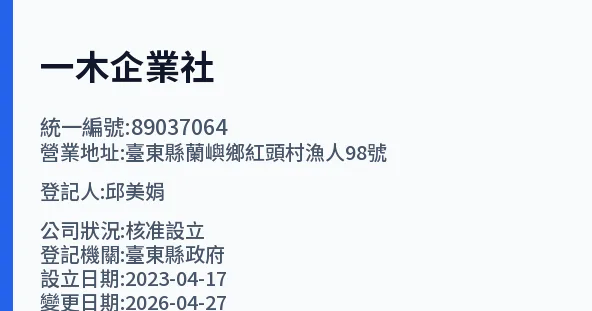 一木企業社的照片-統編 89037064(臺東縣) 公司登記資料與營業項目詳細圖表