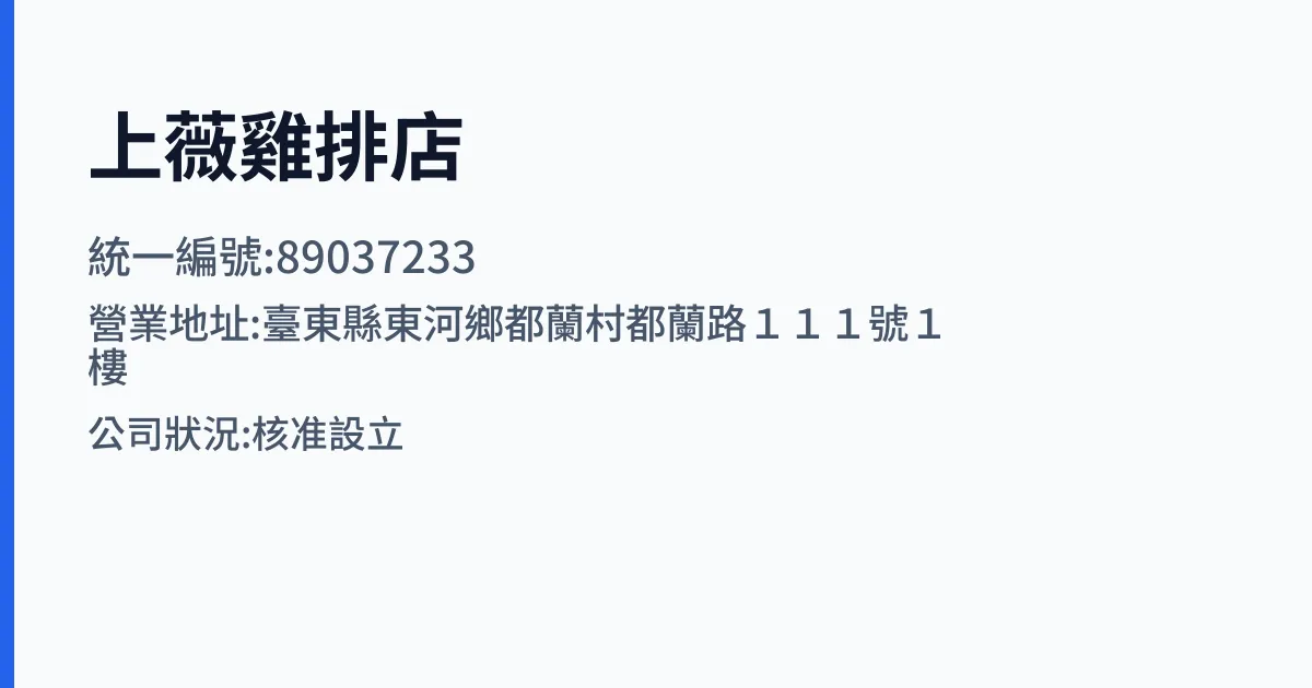 上薇雞排店 - 統編 89037233(臺東縣) 公司登記資料與營業項目詳細圖表