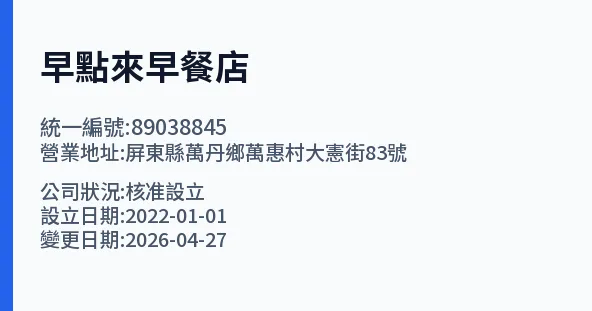 早點來早餐店的照片-統編 89038845(屏東縣) 公司登記資料與營業項目詳細圖表