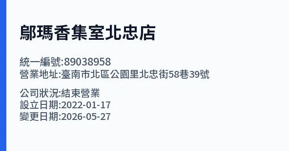 鄔瑪香集室北忠店的照片-統編 89038958(臺南市) 公司登記資料與營業項目詳細圖表