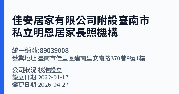 佳安居家有限公司附設臺南市私立明恩居家長照機構的照片-統編 89039008(臺南市) 公司登記資料與營業項目詳細圖表