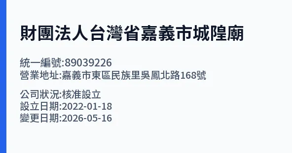 財團法人台灣省嘉義市城隍廟的照片-統編 89039226(嘉義市) 公司登記資料與營業項目詳細圖表