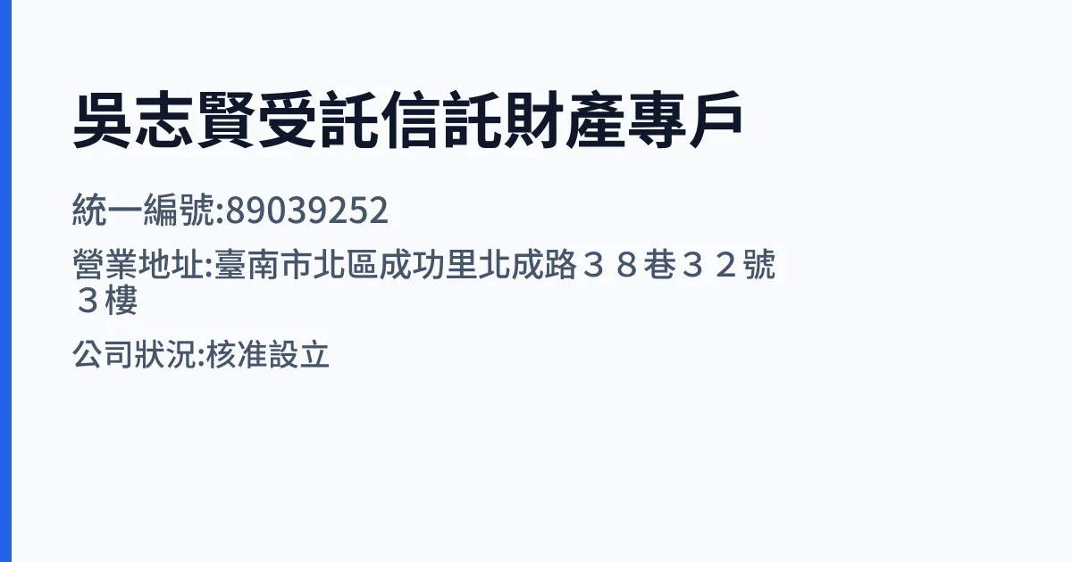 吳志賢受託信託財產專戶 - 統編 89039252(臺南市) 公司登記資料與營業項目詳細圖表
