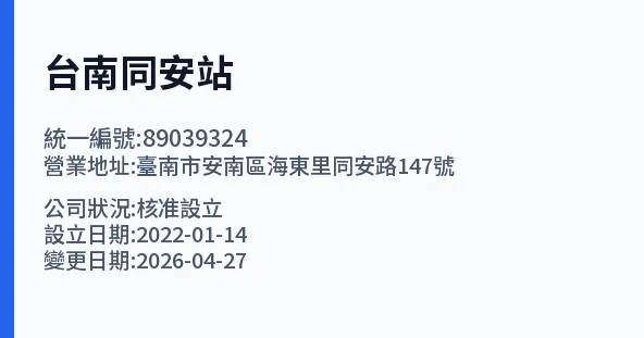 台南同安站的照片-統編 89039324(臺南市) 公司登記資料與營業項目詳細圖表