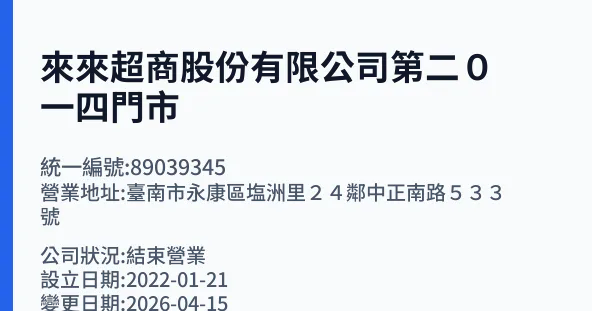 來來超商股份有限公司第二０一四門市的照片-統編 89039345(臺南市) 公司登記資料與營業項目詳細圖表