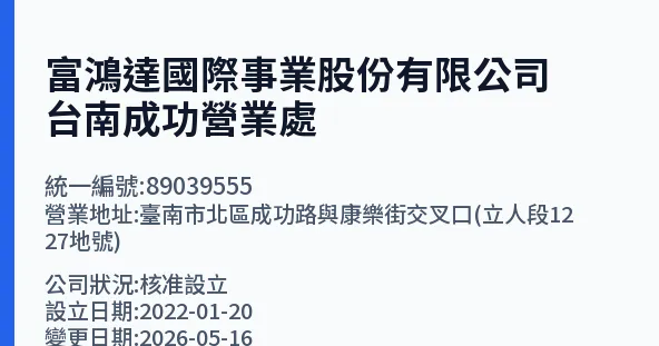 富鴻達國際事業股份有限公司台南成功營業處的照片-統編 89039555(臺南市) 公司登記資料與營業項目詳細圖表