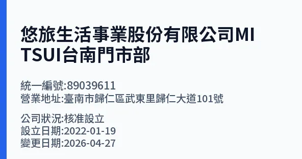 悠旅生活事業股份有限公司MITSUI台南門市部的照片-統編 89039611(臺南市) 公司登記資料與營業項目詳細圖表