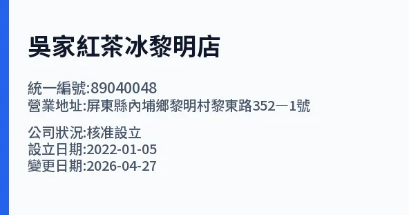 吳家紅茶冰黎明店的照片-統編 89040048(屏東縣) 公司登記資料與營業項目詳細圖表