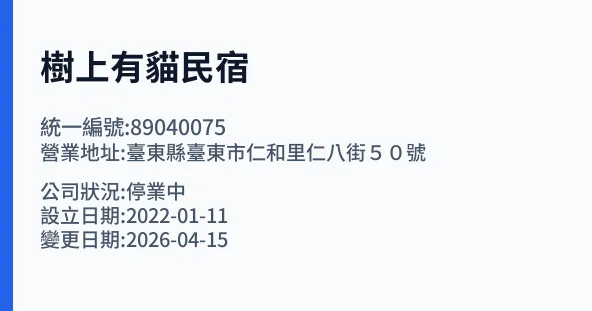 樹上有貓民宿的照片-統編 89040075(臺東縣) 公司登記資料與營業項目詳細圖表