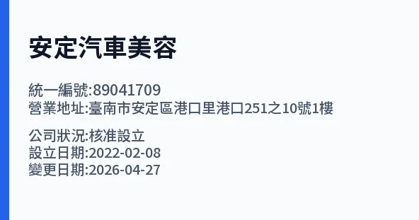 安定汽車美容的照片-統編 89041709(臺南市) 公司登記資料與營業項目詳細圖表