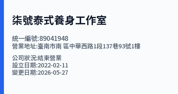 柒號泰式養身工作室的照片-統編 89041948(臺南市) 公司登記資料與營業項目詳細圖表
