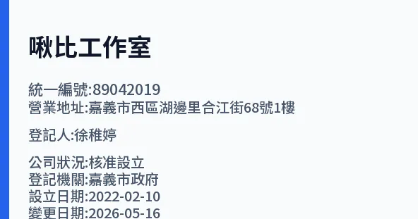 啾比工作室的照片-統編 89042019(嘉義市) 公司登記資料與營業項目詳細圖表