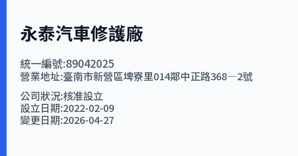 永泰汽車修護廠的照片-統編 89042025(臺南市) 公司登記資料與營業項目詳細圖表