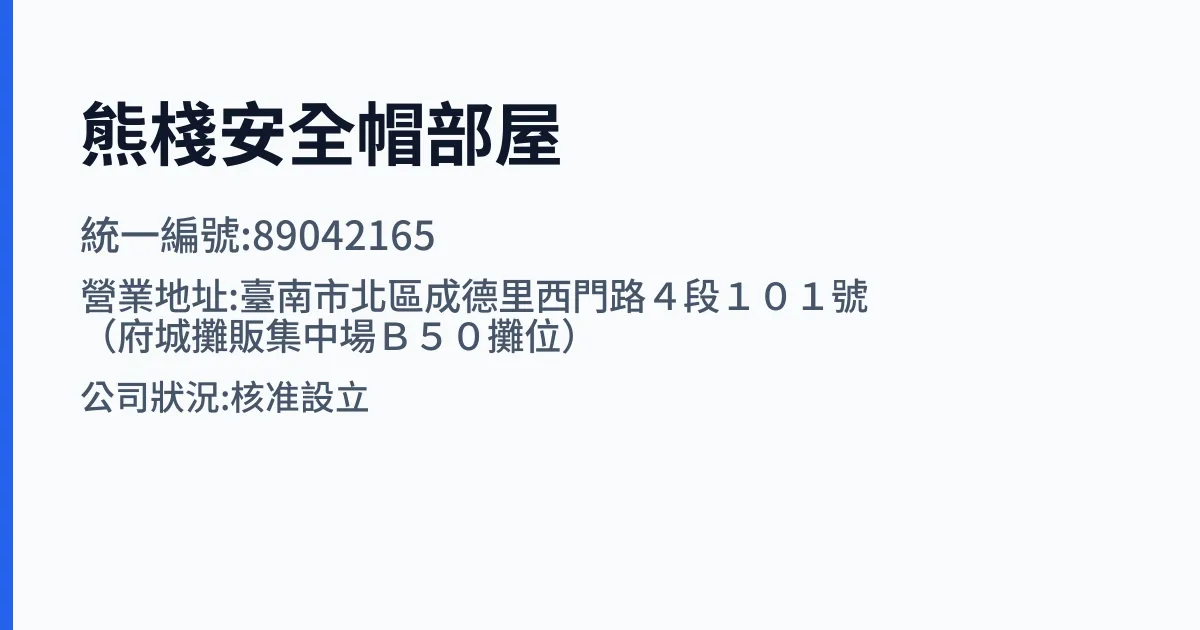 熊棧安全帽部屋 - 統編 89042165(臺南市) 公司登記資料與營業項目詳細圖表