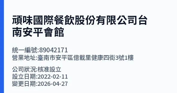 頑味國際餐飲股份有限公司台南安平會館的照片-統編 89042171(臺南市) 公司登記資料與營業項目詳細圖表