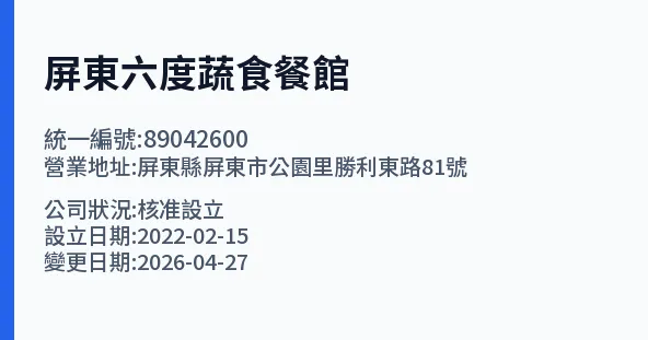 屏東六度蔬食餐館的照片-統編 89042600(屏東縣) 公司登記資料與營業項目詳細圖表