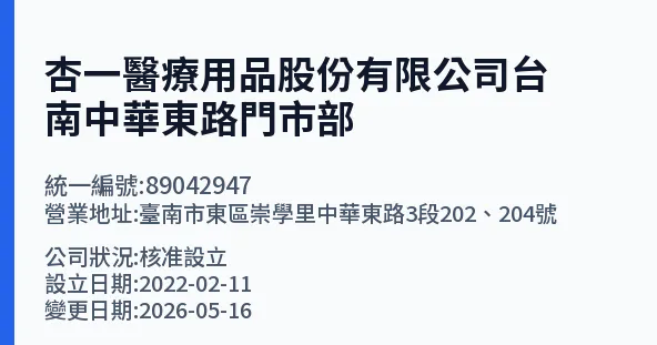 杏一醫療用品股份有限公司台南中華東路門市部的照片-統編 89042947(臺南市) 公司登記資料與營業項目詳細圖表