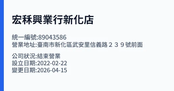 宏秝興業行新化店的照片-統編 89043586(臺南市) 公司登記資料與營業項目詳細圖表