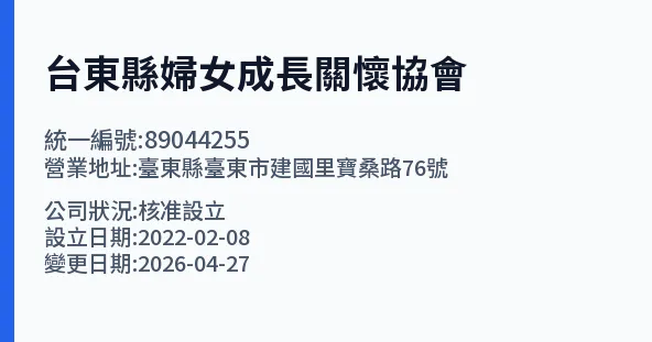 台東縣婦女成長關懷協會的照片-統編 89044255(臺東縣) 公司登記資料與營業項目詳細圖表