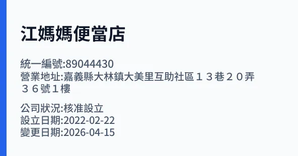 江媽媽便當店的照片-統編 89044430(嘉義縣) 公司登記資料與營業項目詳細圖表