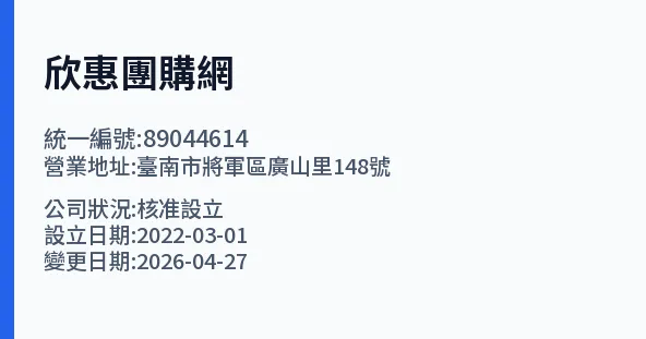 欣惠團購網的照片-統編 89044614(臺南市) 公司登記資料與營業項目詳細圖表