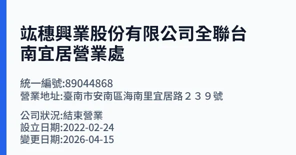 竑穗興業股份有限公司全聯台南宜居營業處的照片-統編 89044868(臺南市) 公司登記資料與營業項目詳細圖表