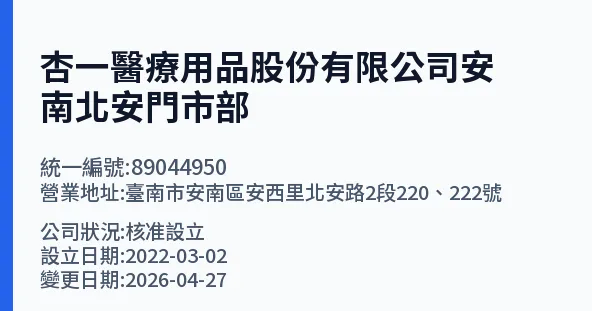 杏一醫療用品股份有限公司安南北安門市部的照片-統編 89044950(臺南市) 公司登記資料與營業項目詳細圖表