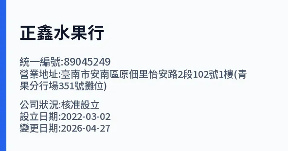 正鑫水果行的照片-統編 89045249(臺南市) 公司登記資料與營業項目詳細圖表