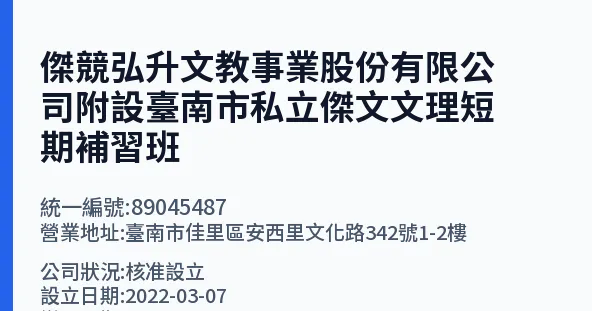 傑競弘升文教事業股份有限公司附設臺南市私立傑文文理短期補習班的照片-統編 89045487(臺南市) 公司登記資料與營業項目詳細圖表