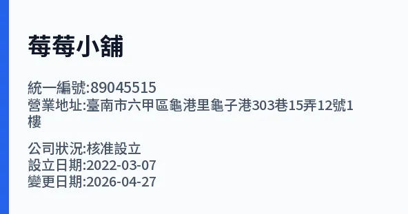 莓莓小舖的照片-統編 89045515(臺南市) 公司登記資料與營業項目詳細圖表