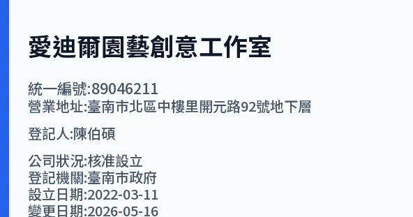 愛迪爾園藝創意工作室的照片-統編 89046211(臺南市) 公司登記資料與營業項目詳細圖表