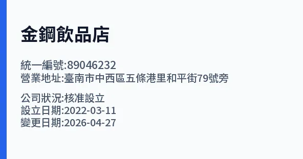 金鋼飲品店的照片-統編 89046232(臺南市) 公司登記資料與營業項目詳細圖表