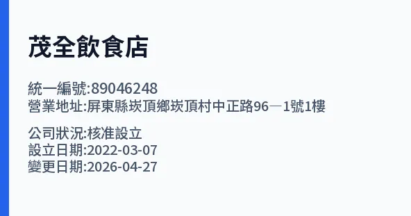 茂全飲食店的照片-統編 89046248(屏東縣) 公司登記資料與營業項目詳細圖表