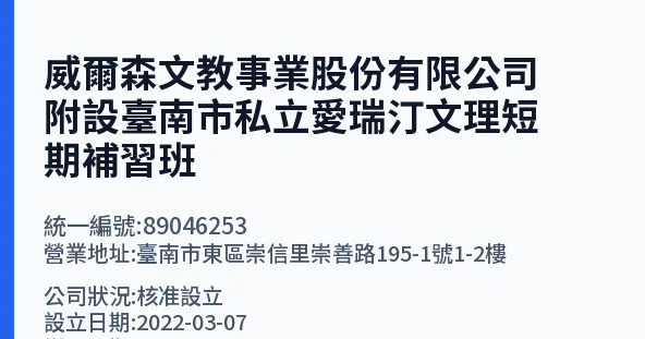 威爾森文教事業股份有限公司附設臺南市私立愛瑞汀文理短期補習班的照片-統編 89046253(臺南市) 公司登記資料與營業項目詳細圖表