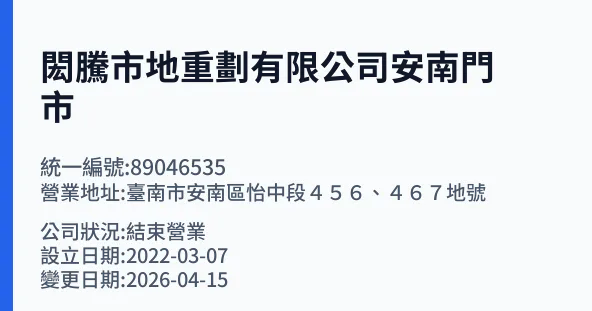 閎騰市地重劃有限公司安南門市的照片-統編 89046535(臺南市) 公司登記資料與營業項目詳細圖表