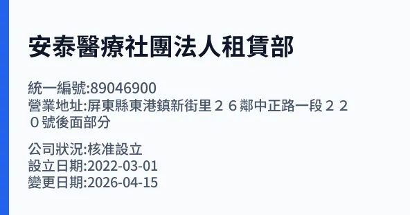 安泰醫療社團法人租賃部的照片-統編 89046900(屏東縣) 公司登記資料與營業項目詳細圖表