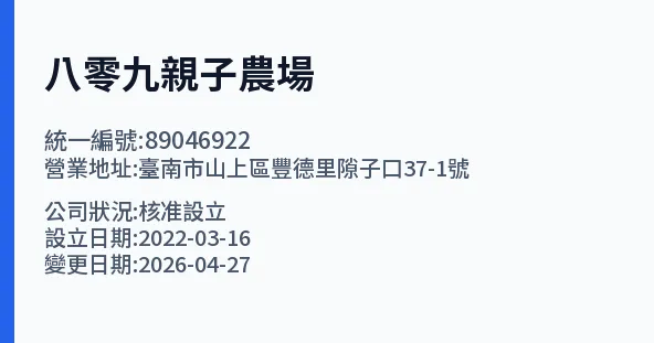 八零九親子農場的照片-統編 89046922(臺南市) 公司登記資料與營業項目詳細圖表