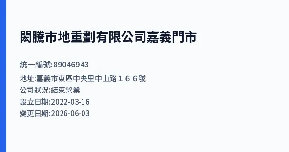 閎騰市地重劃有限公司嘉義門市的照片-統編 89046943(嘉義市) 公司登記資料與營業項目詳細圖表