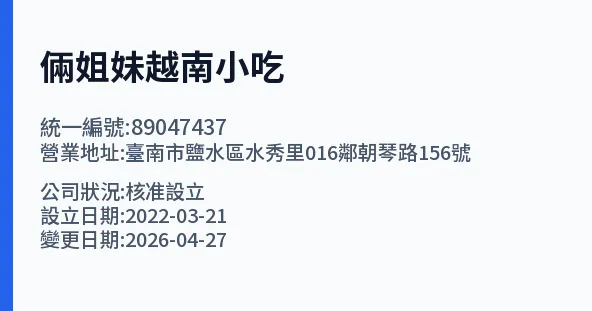 倆姐妹越南小吃的照片-統編 89047437(臺南市) 公司登記資料與營業項目詳細圖表