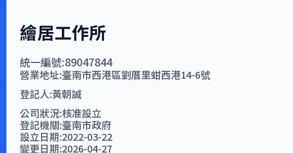 繪居工作所的照片-統編 89047844(臺南市) 公司登記資料與營業項目詳細圖表