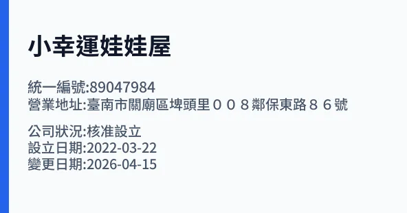 小幸運娃娃屋的照片-統編 89047984(臺南市) 公司登記資料與營業項目詳細圖表