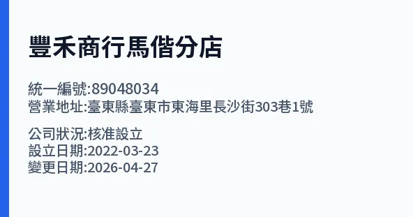 豐禾商行馬偕分店的照片-統編 89048034(臺東縣) 公司登記資料與營業項目詳細圖表