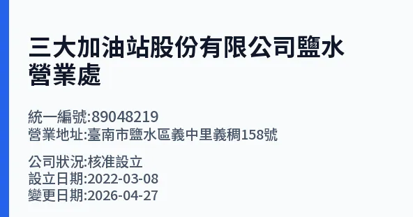 三大加油站股份有限公司鹽水營業處的照片-統編 89048219(臺南市) 公司登記資料與營業項目詳細圖表