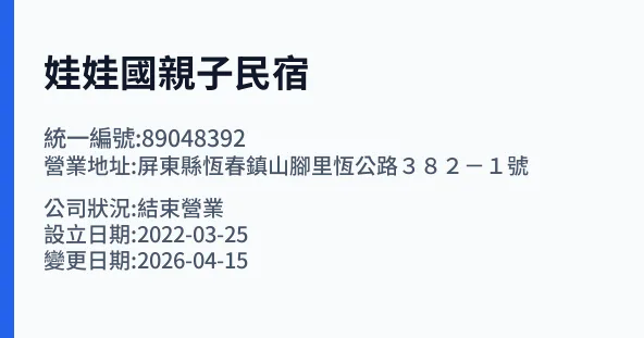 娃娃國親子民宿的照片-統編 89048392(屏東縣) 公司登記資料與營業項目詳細圖表
