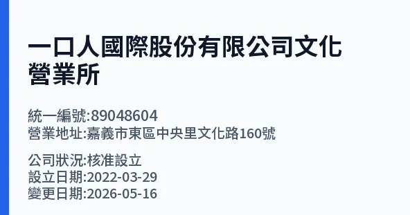 一口人國際股份有限公司文化營業所的照片-統編 89048604(嘉義市) 公司登記資料與營業項目詳細圖表