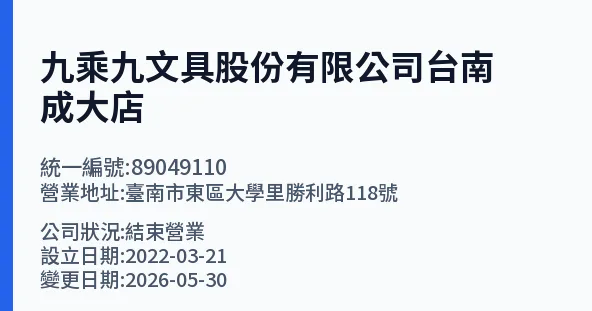 九乘九文具股份有限公司台南成大店的照片-統編 89049110(臺南市) 公司登記資料與營業項目詳細圖表