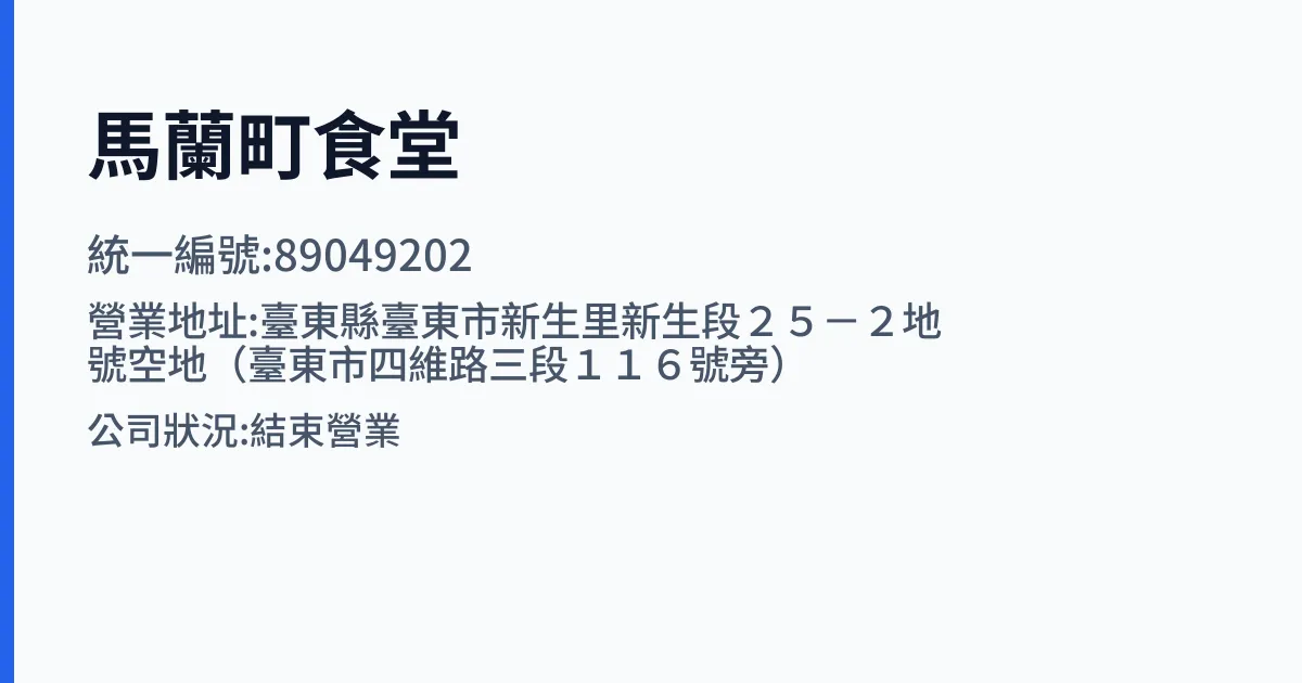 馬蘭町食堂 - 統編 89049202(臺東縣) 公司登記資料與營業項目詳細圖表